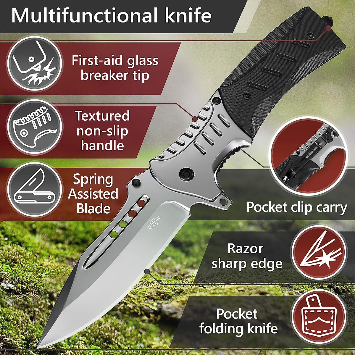Bundle of 2 Items - Pocket Knife - Tactical Folding Knife - Knife with Fire Starter Paracord Handle - Best EDC Survival Hiking Hunting Camping Knife - Travel Accessories Gear Knife Gifts
