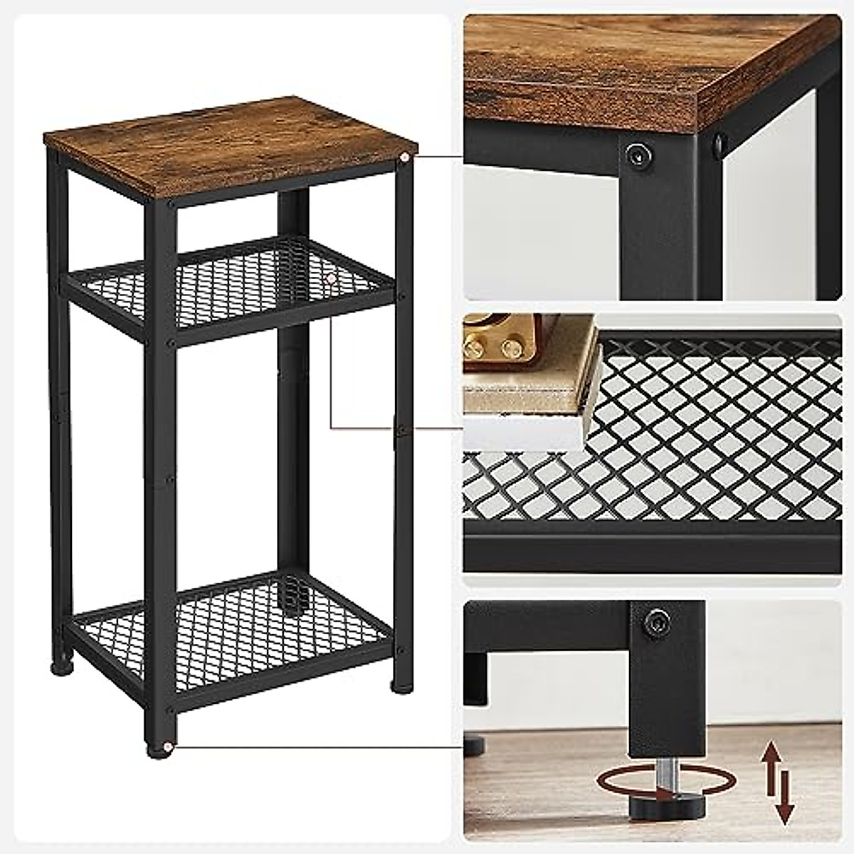 VASAGLE Tall Side Table, Telephone Table, End Table with 2 Mesh Shelves, for Living Room, Bedroom, Home Office, 11.8 x 15.7 x 29.5 Inches, Rustic Brown and Black ULET75BXV1