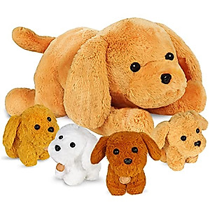 KMUYSL Puppy Stuffed Animals Toys for Ages 3 4 5 6 7 8+ Years Old Kids - Mommy Dog with 4 Baby Puppies in Her Tummy, Idea Xmas Birthday Gifts for Baby, Toddler, Girls, Boys
