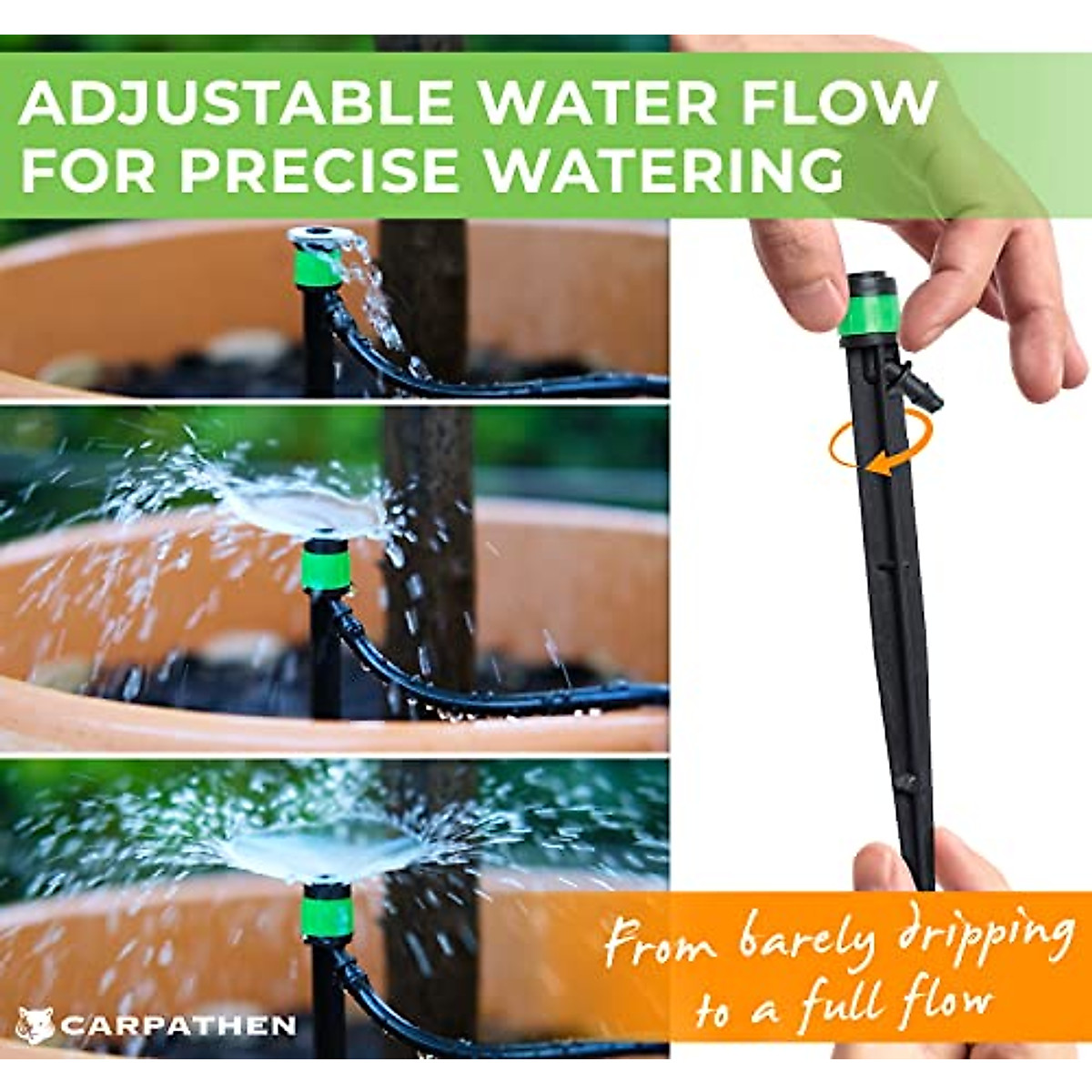 CARPATHEN 100 Drip Irrigation Emitters Vortex - Drip Irrigation Parts for Irrigation Kit - ¼ inch Irrigation Tubing Compatible - 360 deg Adjustable Fan Sprayer for Raised Garden Bed, Potted Plants