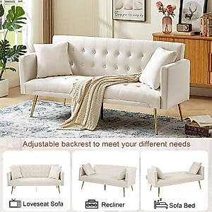 Anwick 72" Velvet Satin Futon Sofa Bed,Convertible Sleeper Couch Bed with 2 Pillows,Modern Tufted Recliner Loveseat with Golden Metal Legs for Small Home Office Living Room (Beige-Button Tufted)