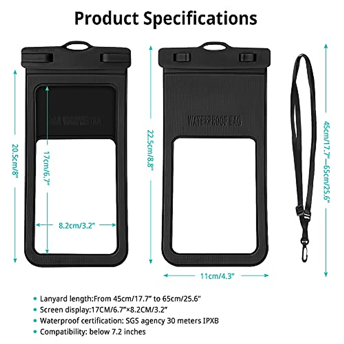 CACOE Universal IPX8 Waterproof Phone Pouch with Neck Lanyard 2 Pack-Up to 7.2",Waterproof Phone Case Holder,Cell Phone Dry Bags for Vacation Beach Kayak Cruise Travel Essentials