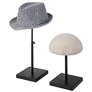 MyGift Adjustable 17.5 Inch Hat Rack Stand with Fabric Covered Dome, Tabletop Black Metal Hat, Wig, Veil and Head Accessories Display Holder, Adjust 11.5 to 17.5 Inch Height, Set of 2