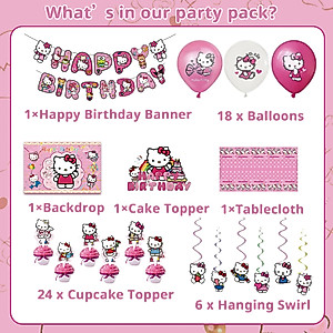Kitty Birthday Party Supplies, Cute Kitty Party Favor Pink Party Decorations includes Happy Birthday Banner, Balloons, Backdrop, Cake Topper, Tablecloth, Hanging Swirl