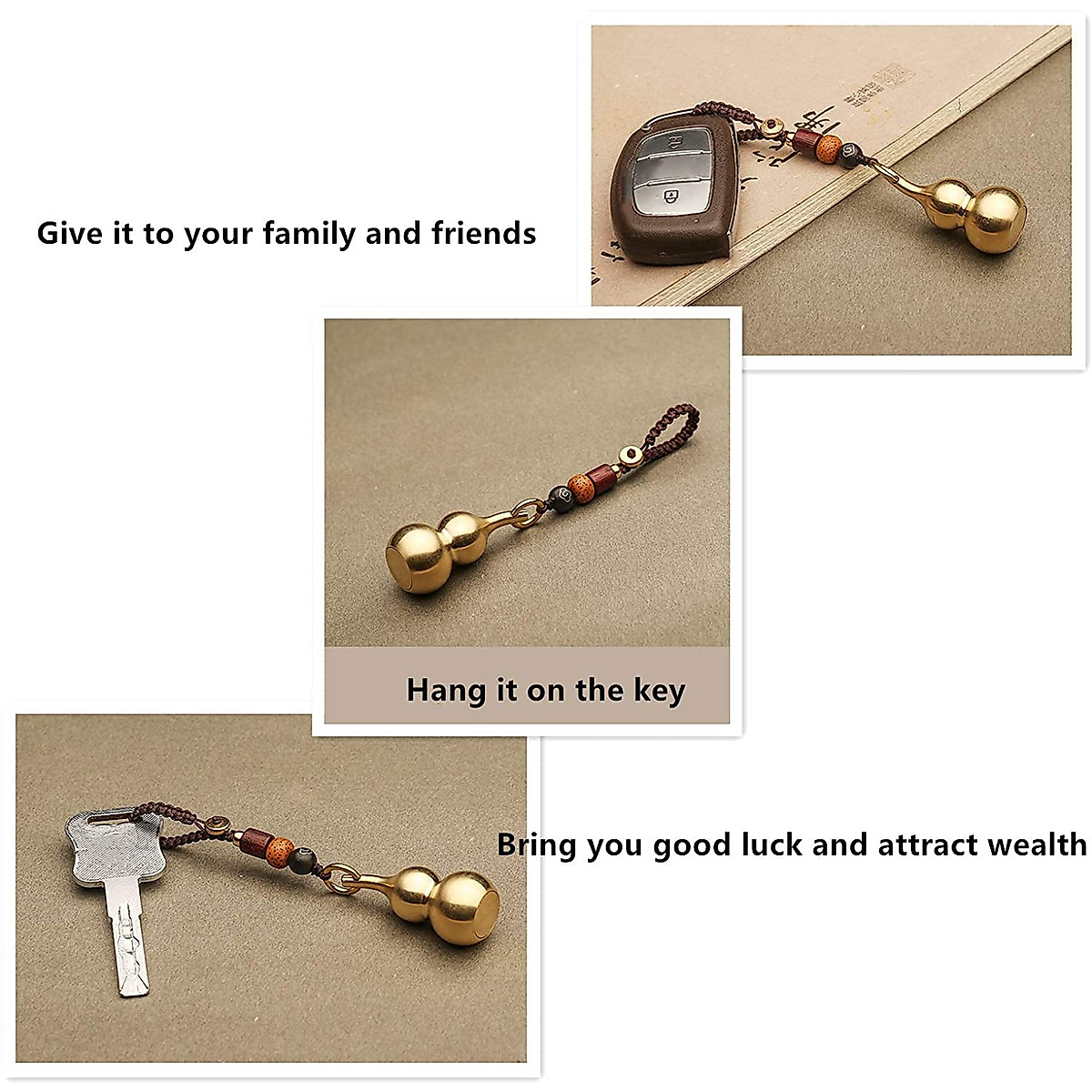 3 Pieces Gourd Brass Keychains,Feng Shui Luck Coins with Brass Calabash Wu Lou Key Ring for Good Luck , Wealth Success & Longevity , Blessing Paper in it, Gold, 2x2x4 inches