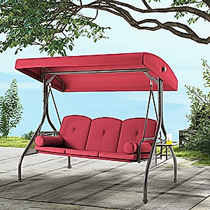 GYUTEI 3-Seat Outdoor Patio Swing Chair,Porch Swing Chair with Adjustable Backrest and Canopy,Outdoor Porch Swing Glider Chair,w/Cushions,Pillows and Cup Holders for Porch, Backyard(Wine RED)