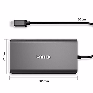 UNITEK Hub USB-C with Power Delivery, HDMI v.1.4 4K@30Hz, Ethernet/Internet Connection, 2 x USB 3.0, USB C with PD 100 W, 20 V/5 A, SD Card Reader, 3.5 mm Audio Connection, Aluminium, Grey