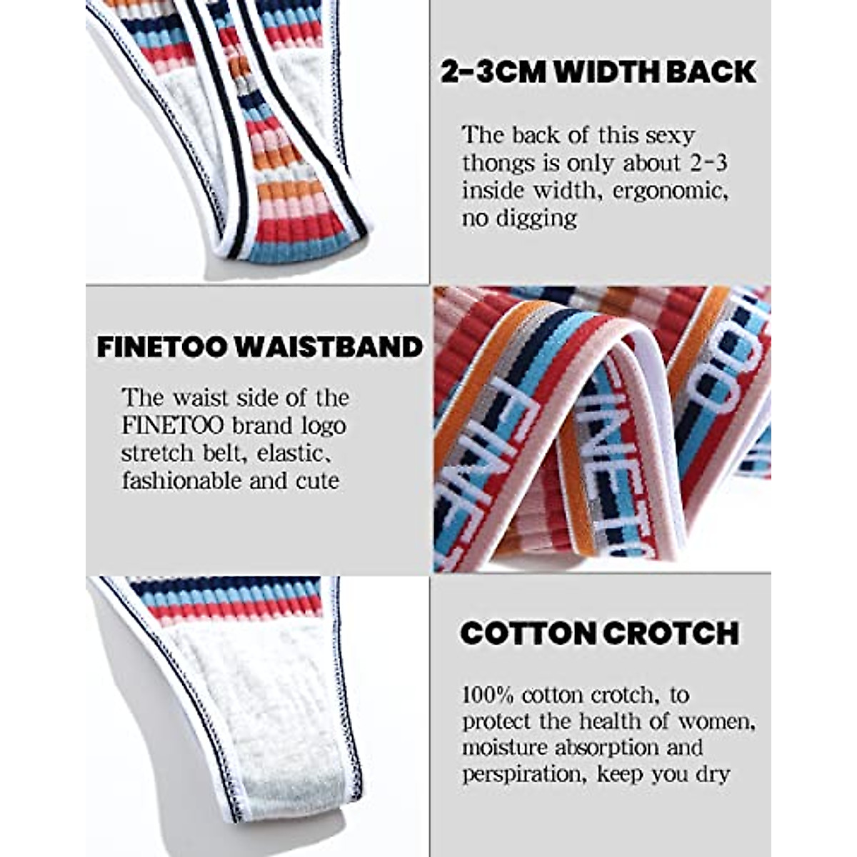 FINETOO Cotton Thongs for Women Sexy Soft Breathable Thong Underwear Low Rise Colorful Stripes Hipster Panties 5 PacK(5AM)
