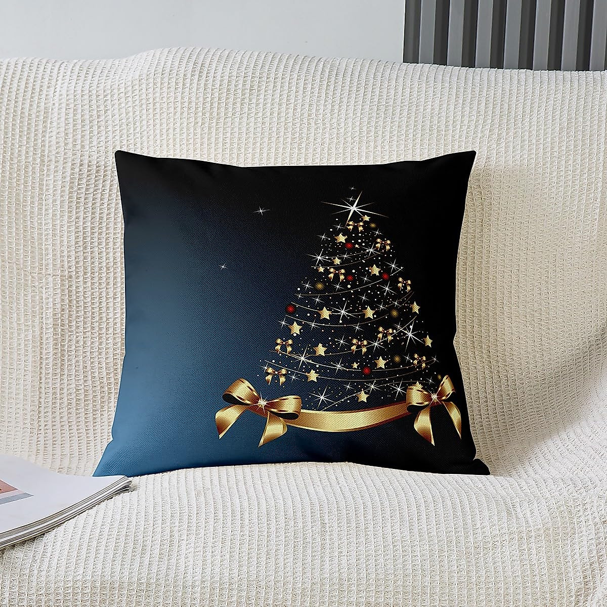 Homewish Abstract Christmas Tree Throw Pillow Cover Modern Simple Gradient Blue Cushion Cover for Kids Teens Adults Glitter Stars Golden Xmas Deocr Cushion Case for Office Sofa 16x16 Inch