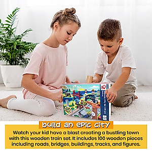Leo & Friends 100 Piece Railway City Track Set - Educational Wooden Toy Construction Kit for Preschoolers Aged 3 Years and Above - Train Toy for Active Learning Multicolor