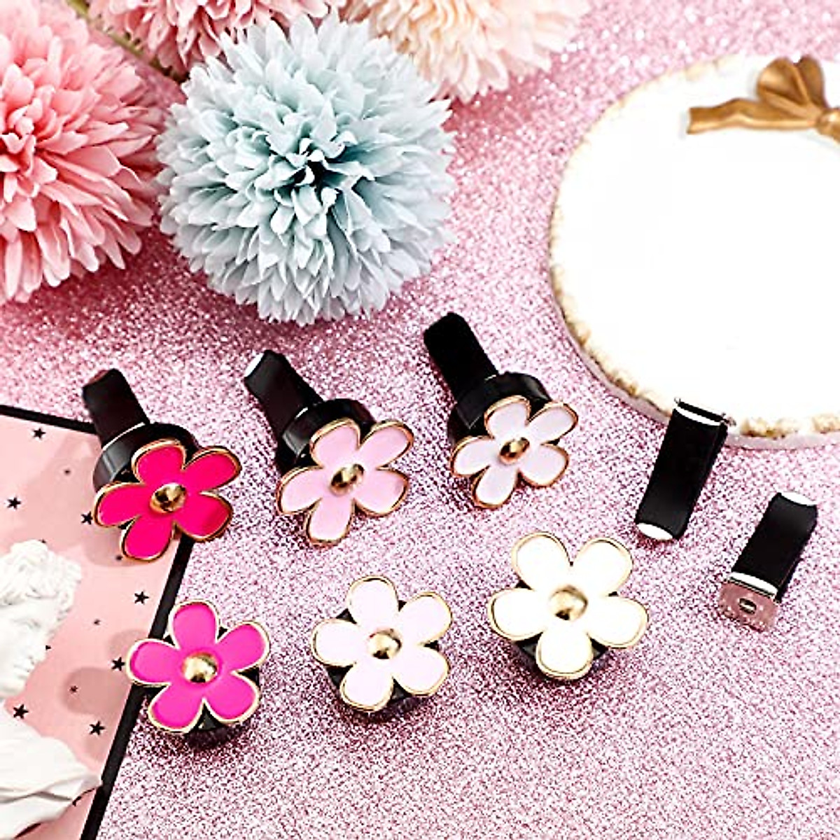 6 Pcs Daisy Flower Air Vent Clip Air Conditioning Outlet Clip Car Air Freshener Clip Charm Car Inter Decor Accessories (Red, Pink, White,3 cm, 3.3 cm)