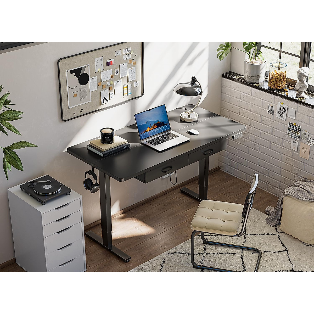 FEZIBO Adjustable Height Electric Standing Desk with Double Drawer, 48 x 24 Inches Stand Up Home Office Desk with Splice Tabletop, Black Frame/Black Top