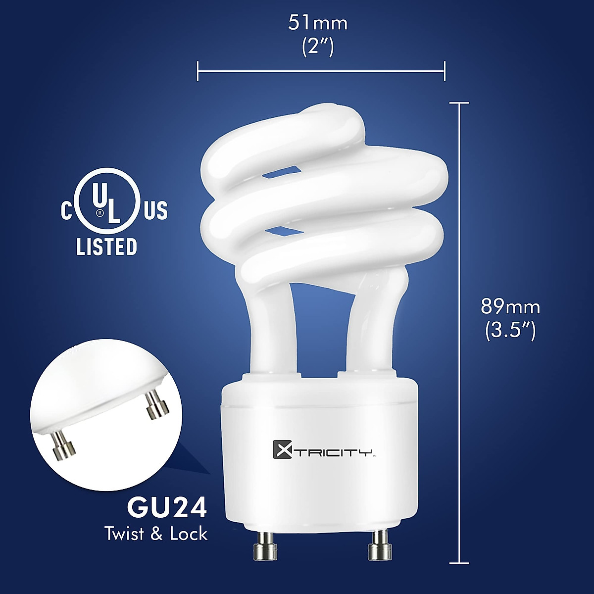 Xtricity Compact Fluorescent GU24 2 Prong Light Bulb Base, T2 Mini Spiral, 13W (60 Watt Equivalent), 2700k Soft White, 900 Lumens, CFL, 120V, UL Listed (2 Pack)