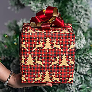 RUSPEPA Christmas Wrapping Paper,Kraft Paper - Red and Black Plaid Reindeer Design - 24 Inches x 100 Feet