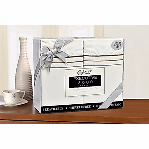 Super Soft Light Weight, 100% Brushed Microfiber, Full/Queen, Wrinkle Resistant, Ivory Duvet Cover with 3-Line Taupe Embroidered Pillowshams in Gift Box