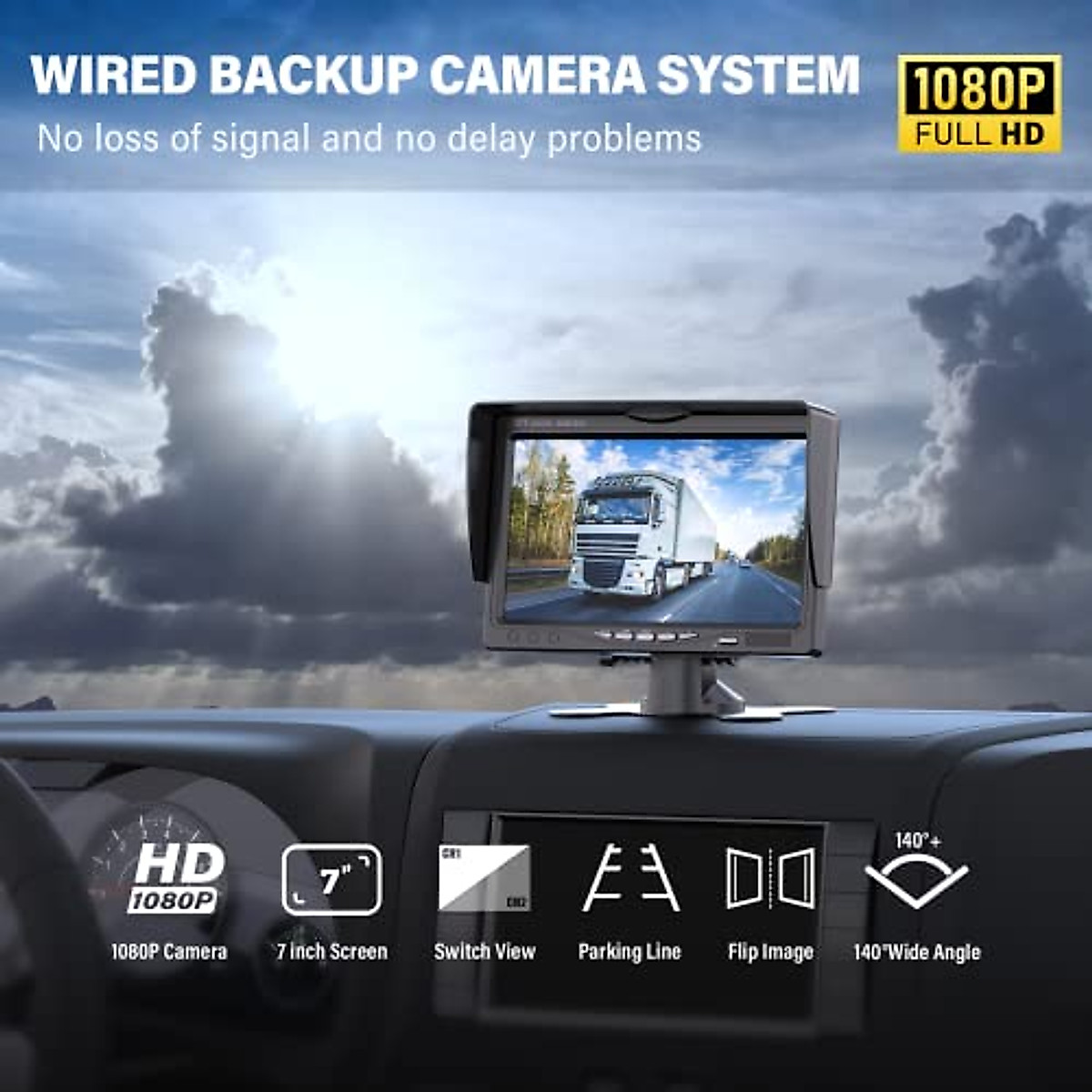 DVKNM Upgrade Dual Backup Camera Monitor Kit 7'' HD 1080P IP69 Waterproof Rearview Reversing Rear View Camera Monitor for Truck Trailer Semi-Trailer Box Truck RV Pickup Truck Easy Installation (TZ102)