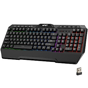 NPET K32 Wireless Gaming Keyboard RGB with Wrist Rest - Long-Lasting Rechargeable Battery - Quick and Quiet Typing - Water Resistant Backlit Wireless Keyboard for PC PS5 PS4 Xbox One Mac - Black