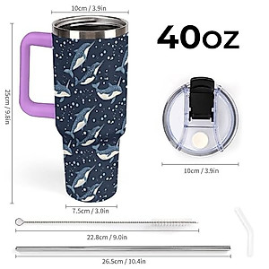 Whales Orcas Narwhals On Navy 40 Oz Tumbler Insulated Stainless Steel Water Bottle Travel Mug Car Cup with Handle And Straw