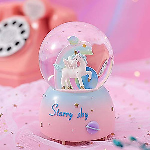AVEKI Unicorn Snow Globe, 3.94 Inch Automatic Snowfall Musical Snow Globe with Lights Cute Rainbow Snow Lights for Kids Babies Birthday Christmas New Year Gifts(Blue)
