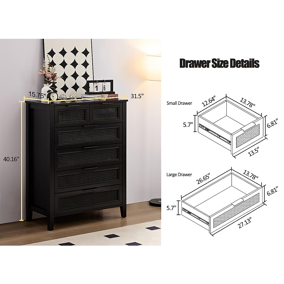 BOSHIRO Dresser for Bedroom, 6 Chests of Drawers, Rattan Drawer Dresser, Boho Dresser, Tall Dresser Modern 6 Drawer Dresser, Black Dresser for Closet, Home Office
