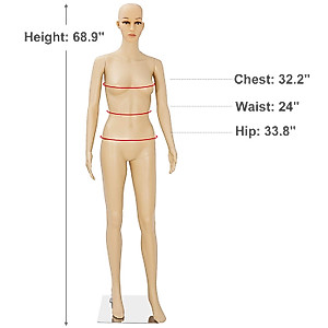 Mannequin Full Body Dress Form 69inch Female Adjustable Mannequin Stand Realistic Mannequin Display Head Turns Dress Model Metal Base