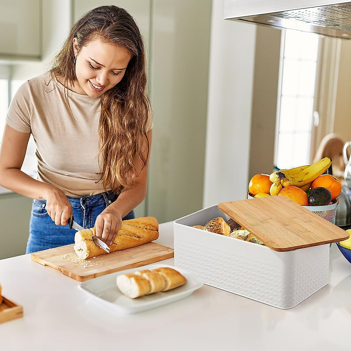 Widousy Bread Bin with Bamboo Lid, White Bread storage box – Bread Holder Bin for Kitchen Countertop Storage Organizer (White)