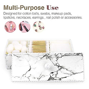 Luxspire Cotton Swab Holder with Lid, Marble Pattern Cotton Ball Holder Dispenser, Bathroom Canister Storage Jar for Cotton Pads Bud Q-tip, Vanity Cosmetics Countertop Organizer with 3 Compartments