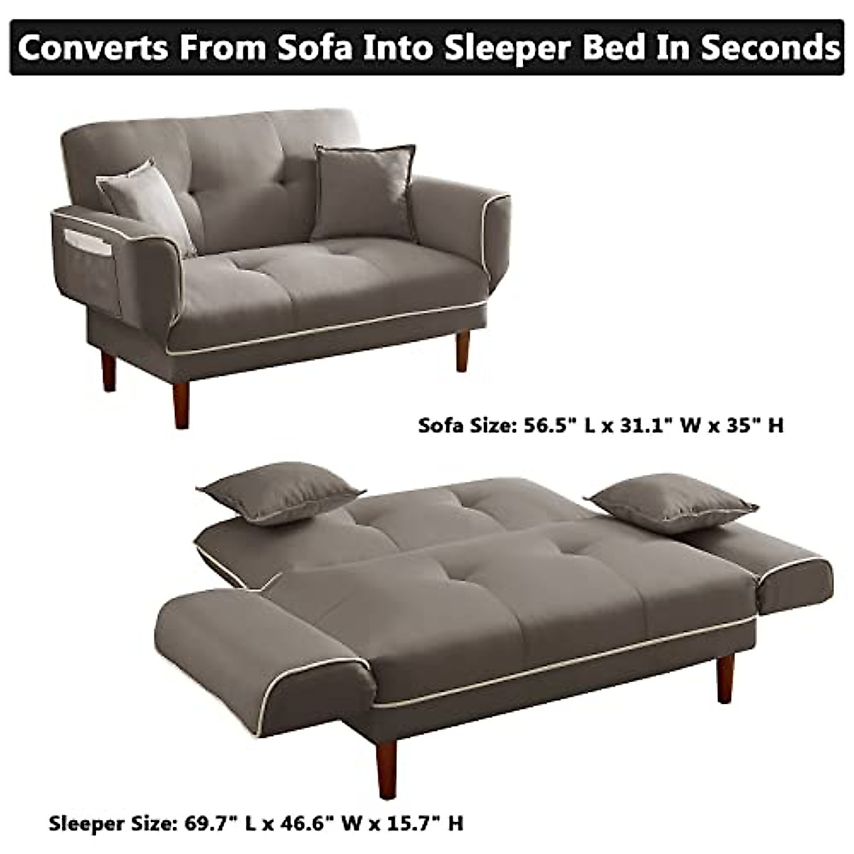 Convertible Futon Sofa Bed with 2 Pillows, Small Loveseat Sleeper Sofa Futon Couch, Recliner Couch with Adjustable Armrest and Wood Legs, Living Room Sofa with 5-Angle Backrest for Small Space (Grey)