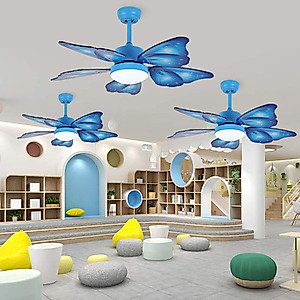 KWOKING Lighting Creative Butterfly Wing Ceiling Light and Fan with Remote Control 5 Blades LED Bedroom Hanging Fan Light Adjustable Speed for Kids Bedrooms - Blue