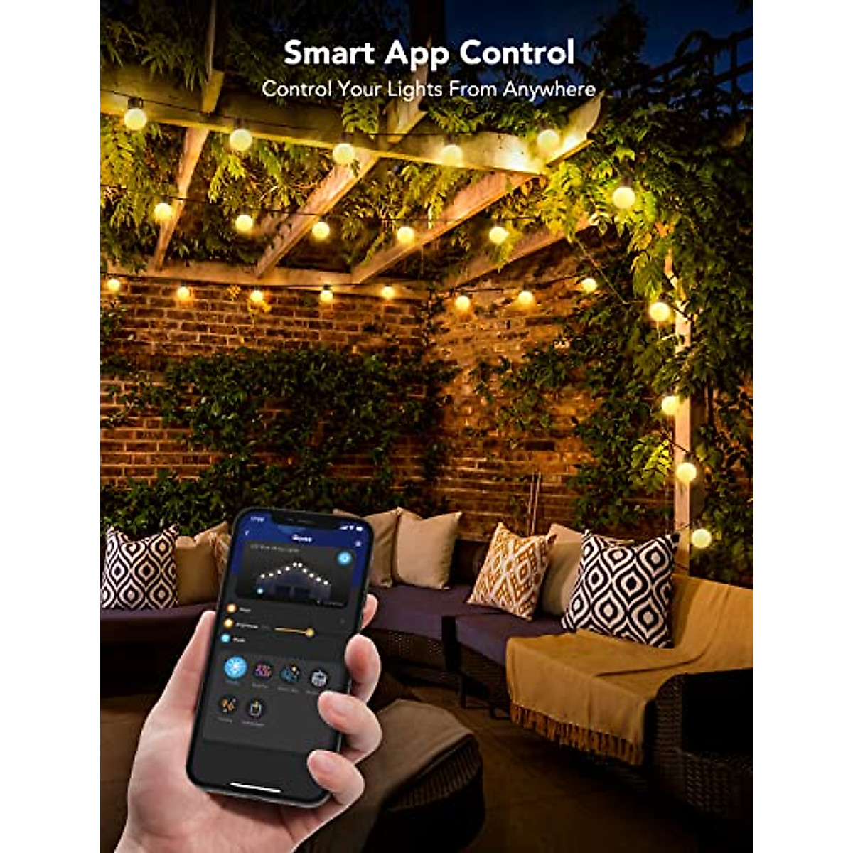 Govee Outdoor Lights, 50ft G40 APP Control String Lights with 6 Scene Modes, IP65 Waterproof Shatterproof Outdoor String Lights with 25 Dimmable Warm White LED Bulbs for Balcony, Backyard, Party