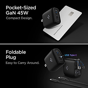 USB C Charger, Spigen [GaN Fast] 45W PD 25W PPS Super Fast Charge Type C for Galaxy S25 Ultra S25 Plus S25 S24 Z Fold Flip 6 5 4 Pixel Fold 8 8a Pro 7 Tab S9 iPad (Cable Included/Foldable Plug)