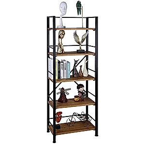 Crofy Rustic Bookshelf, 5 Tier Real Wood Bookshelf, Metal Book Shelf for Storage, Black Bookcase, 12.6" D x 23.62" W x 64.17" H