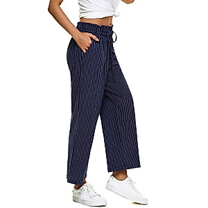 LNX Womens Linen Pants High Waisted Wide Leg Drawstring Casual Loose Trousers with Pockets (X-Large, Striped-Navy)