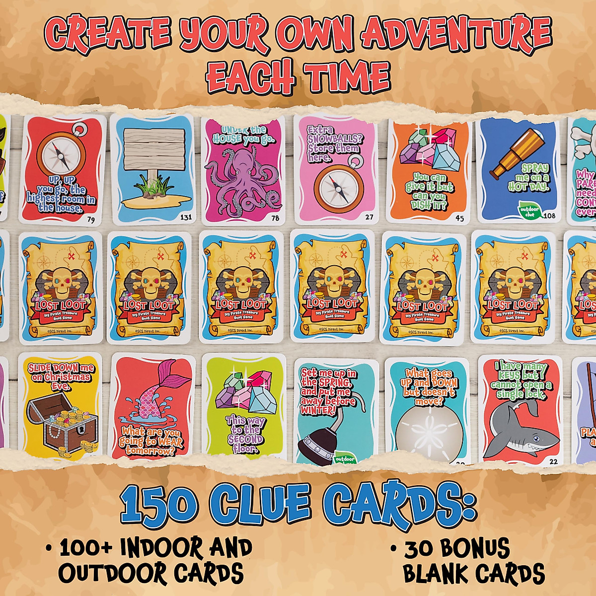 Halloween Pirate Treasure Hunt Game – SCS Direct Lost Loot DIY for Kids & Family House Parties – Find 5 Skeleton Keys to Unlock Chest – 150 Spooky Clue Cards for Indoor/Outdoor Play – 2024 New Edition