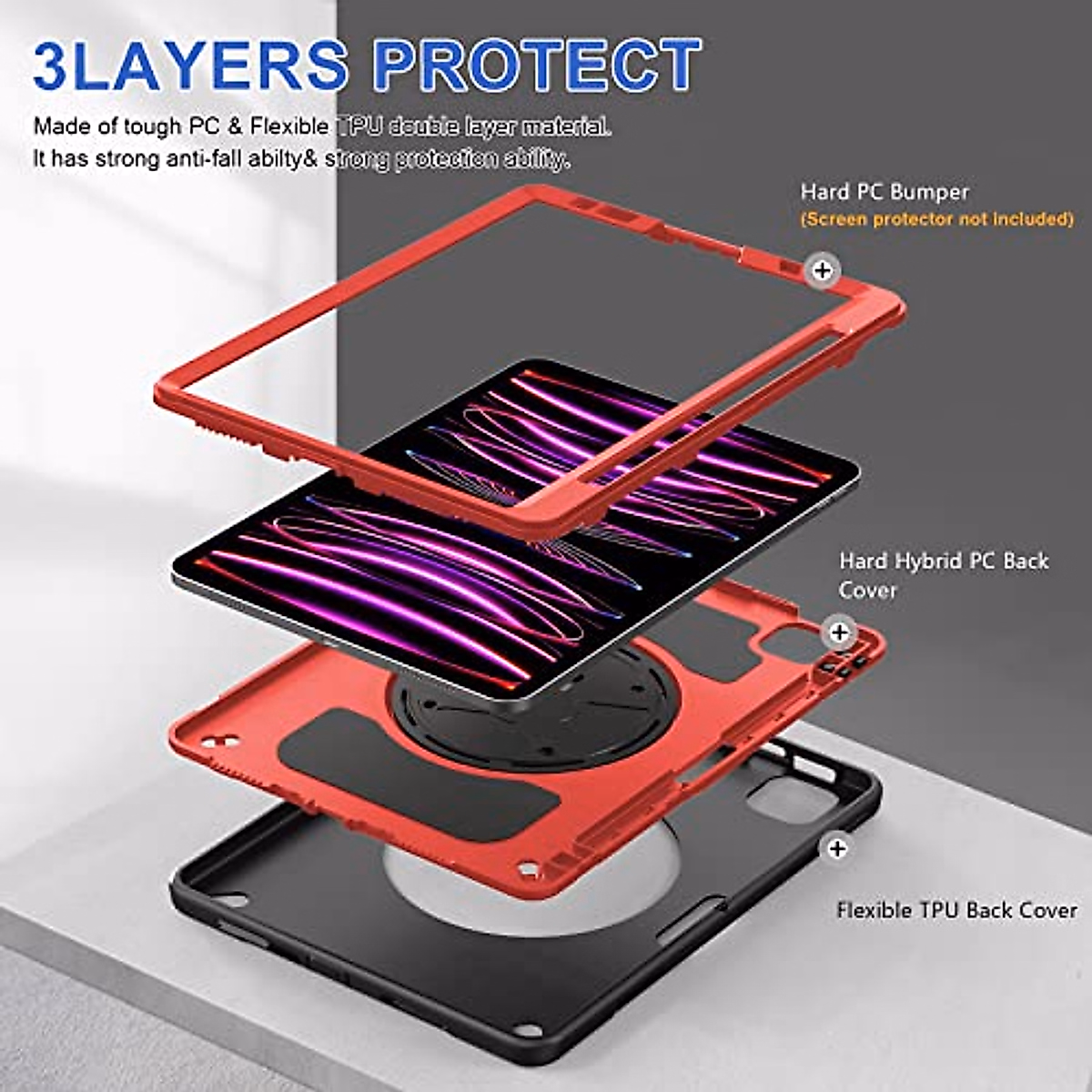 GEEKSDOM iPad Pro 12.9 Case 6th Generation 2022: Military Grade Heavy Duty Shockproof Cover for iPad Pro 12.9 Inch 2021 5th Gen-Pencil Holder-Rotating Stand-Hand/Shoulder Strap-Red
