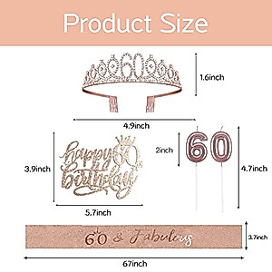 BEAN LIEVE 60th Birthday Decorations - Including 60th Birthday Sash, 60th Birthday Diamond Crown/Tiara, Birthday Candles and Cake Toppers, Rose Gold Maiden Gift 60th Birthday Celebration.