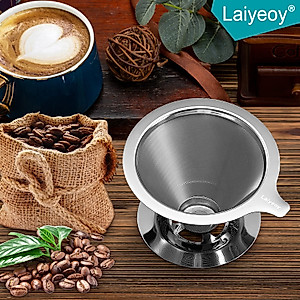 Laiyeoy Pour Over Coffee Dripper, Slow Drip Paperless Coffee Filter, Stainless Steel Pour Over Coffee Maker for Single Cup Brew, Double Mesh Design of Manual Reusable Cone Filter.