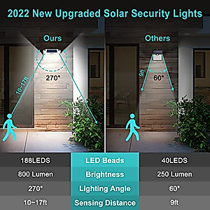 Solar Motion Sensor Lights Outdoor, [3 Modes/4 Pack/188 LED] 270° Wide Angle Lighting, Wireless Security Solar Powered Wall Lights, IP65 Waterproof Flood Lights for Fence Porch Yard Patio(White)