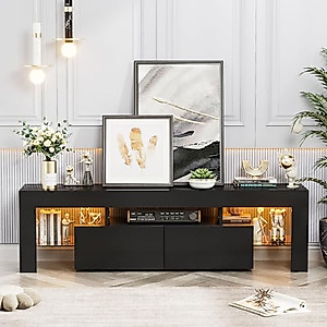 YESHOMY Modern LED TV Stand for Televisions up to 70 Inch with Glass Shelves and Drawer, Gaming Entertainment Center with Multiple Dynamic RGB Modes, for Livingroom, Bedroom, 60 Inch, Black