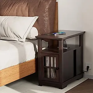 HIFYOBRO End Table with Fast Charging Station, Side Table on Wheels, Storage End Table with Electric Fireplace, Suitable for Living Room Bedroom (Espresso)