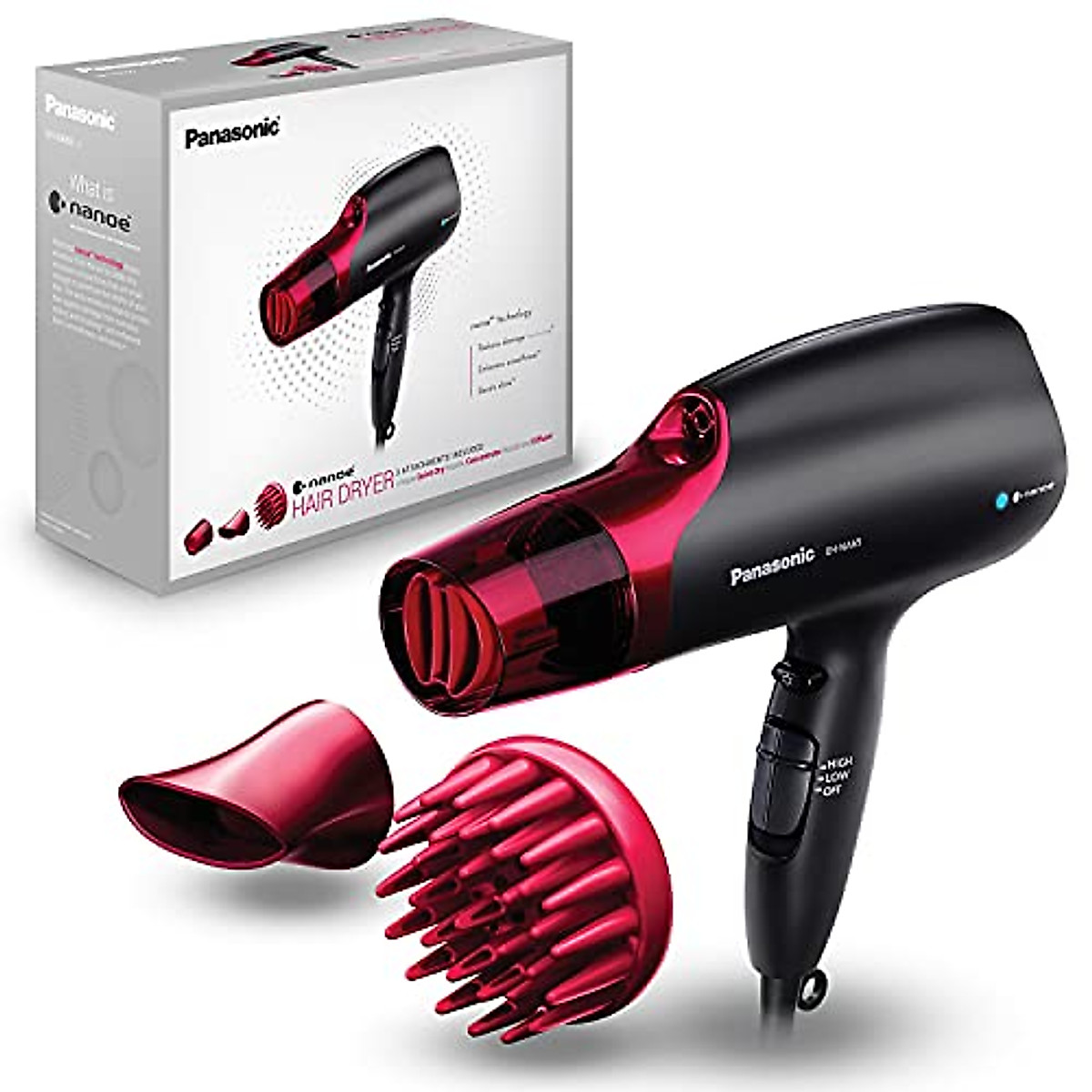 Panasonic Nanoe Hair Dryer, 1875 Watt Professional Blow Dryer for Smooth, Shiny Hair with 3 Attachments Quick Dry Nozzle, Diffuser and Concentrator Nozzle – EH-NA65-K (Black/Pink), Black