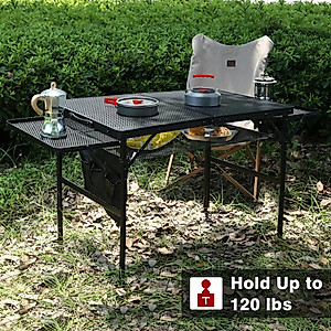 JOUYEK Folding Grill Table, 3x2 FT Portable Camping Table with 2 Wing Panels, Height Adjustable Metal Tables with Mesh Desktop and Mesh Bag, Outdoor Furniture for Camping, Picnic, Beach and BBQ, Black