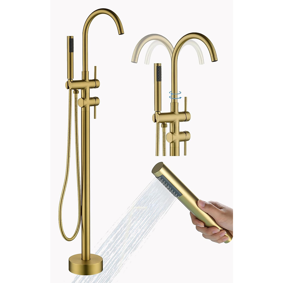 Freestanding Bathtub Faucet Floor Mount Tub Filler Brush Gold, OMEKNTOP Modern Freestanding Tub Faucet with 360 Swivel Gooseneck Spout and Handheld Shower, Standing Tub Faucet for Bathroom