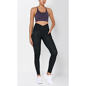 ODODOS Women's Cross Waist 7/8 Yoga Leggings with Pockets, Inseam 25" Gathered Crossover Workout Yoga Pants, Night Rain, Small