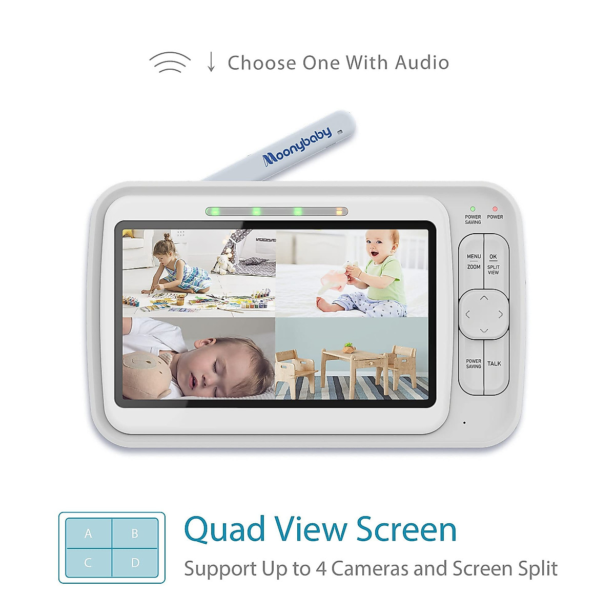Moonybaby 5" HD A.N.R. (Auto Noise Reduce) Baby Monitor with Camera and Audio, Model: QuadView 30, No WiFi, 20 Days Battery Life in ECO Mode, Long Range, 2-Way Audio, Lullaby, Room Temperature Display