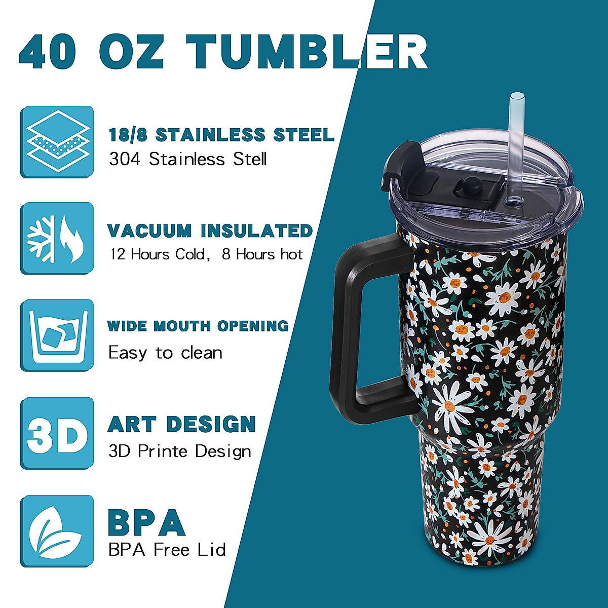 Daisy Gifts for Women – 40oz Insulated Tumbler with Handle & Straw, Floral Stainless Steel Cup, Birthday & Mother’s Day Gift for Mom, Sister, Best Friend, Teacher, Nurse