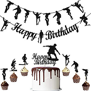 9 Pieces Skateboard Theme Happy Birthday Party Decorations Skateboard Happy Birthday Banner Black Silhouette Cupcake Toppers Skateboard Theme Party Supplies for Boys Girls Adults