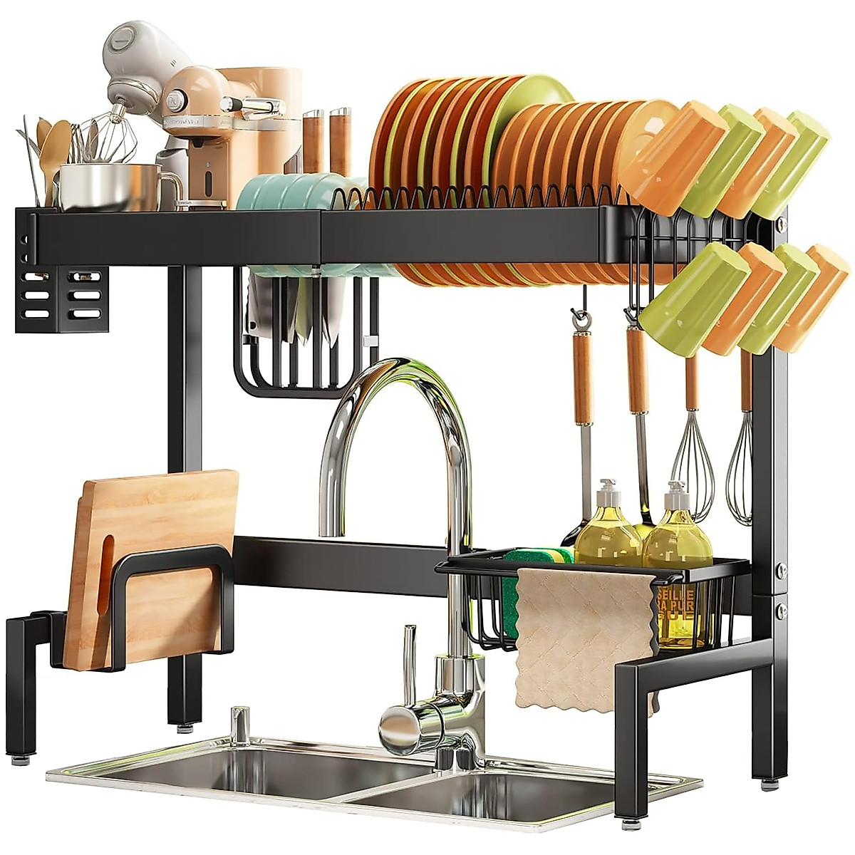 SAYZH Over The Sink Dish Drying Rack, Dish Drying Rack Auto-Drain Expandable (19.9 to 34 inch) 2-Tier Kitchen Counter Dish Drainer Rack with Metal Steel Utensil Cup Holder Sink Caddy, Black