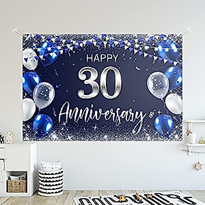 Happy 30th Anniversary Backdrop Banner Decor Navy Blue – Silver Glitter Happy 30 Years Wedding Anniversary Party Theme Decorations for Women Men Supplies
