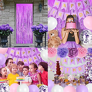 Upgraded Purple Pink Birthday Party Decorations for Women Girls with Happy Birthday Banner,Tissue Paper Pompoms,Circle Dots Garland,Fringe Curtains,Birthday Balloons,Purple Birthday Decor